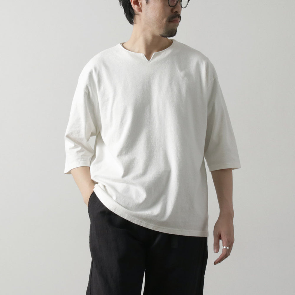 KEMA DESIGNS（ケマデザインズ） リネンコットン キーネックTシャツ / メンズ カットソー 半端丈 七分袖 天然素材 麻 コットン 日本製 Hemp/Cotton Key-Neck ...