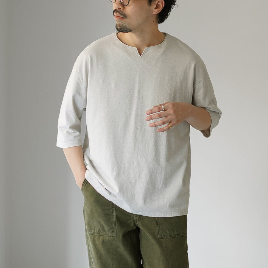 KEMA DESIGNS（ケマデザインズ） リネンコットン キーネックTシャツ / メンズ カットソー 半端丈 七分袖 天然素材 麻 コットン 日本製 Hemp/Cotton Key-Neck ...